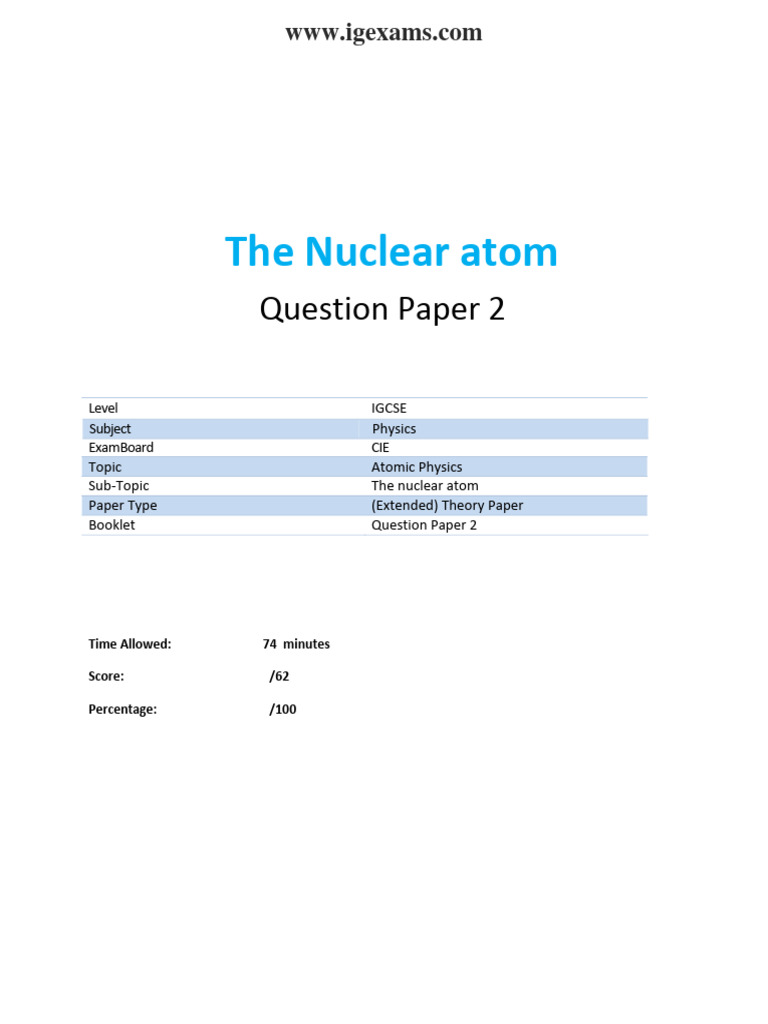 IGCSE Physics: Nuclear Atom Exam Paper | PDF | Isotope | Radioactive Decay