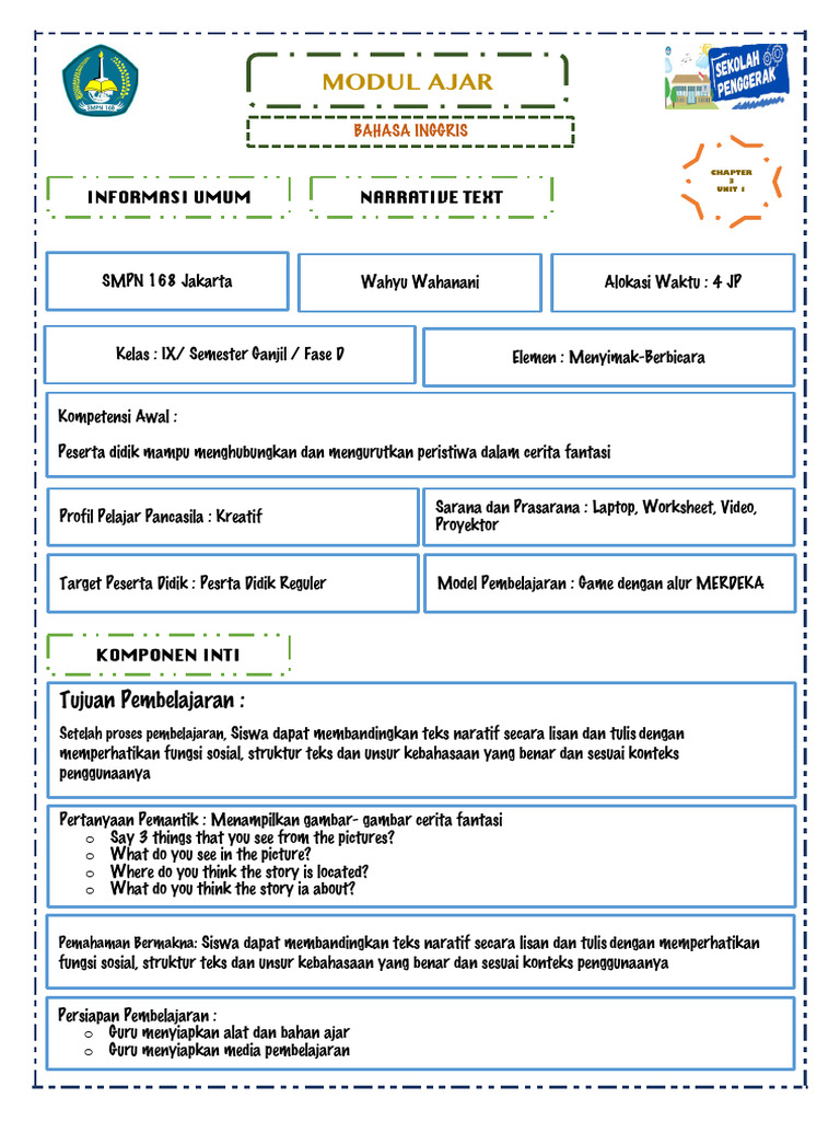 Modul Ajar Bahasa Inggris - Narrative Teks Grade 9 - Fase D | PDF
