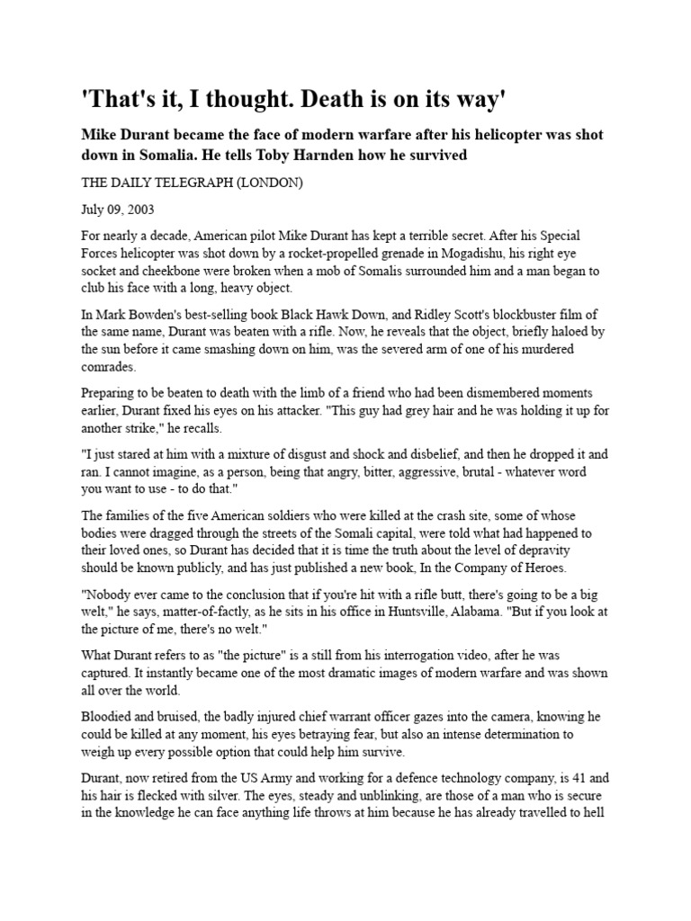 Interview With Mike Durant, Black Hawk Down Pilot, by Toby Harnden ...