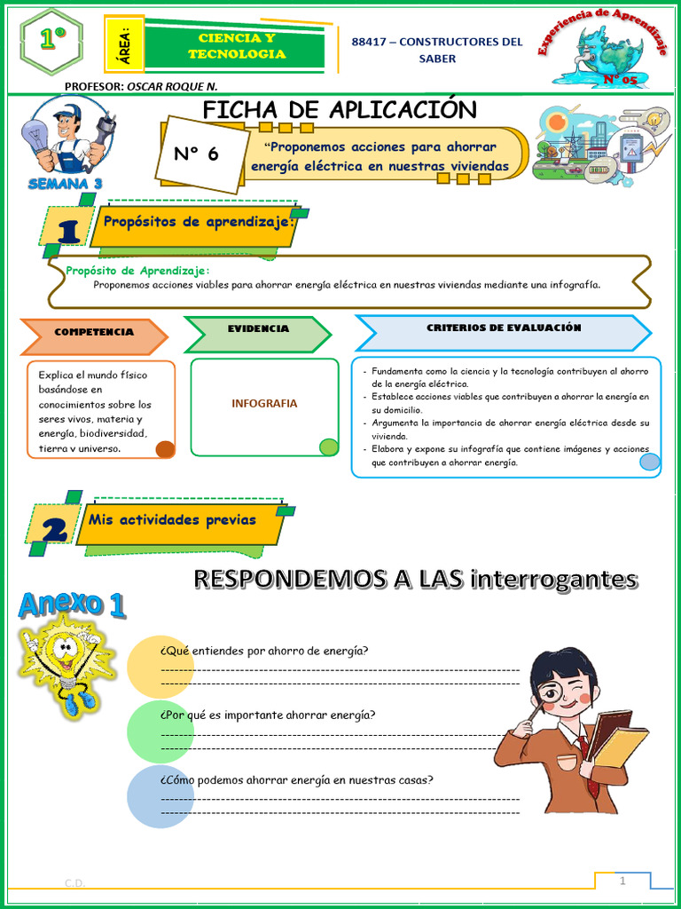 1° FICHA DE APLICACIÓN-SESIÓN 6-SEM.3-EXP.5 - CyT... | PDF | Uso eficiente de energía | Vatio