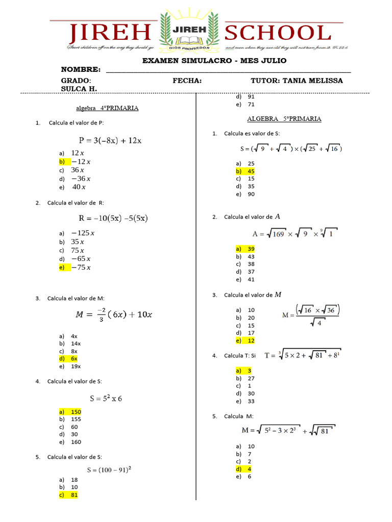 Algebra, RM, Trigo (4to, 5to, 6to) Simulacro Tania | PDF