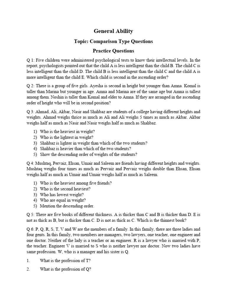 Comparison Type Questions, Practice Questions | PDF | Psychology