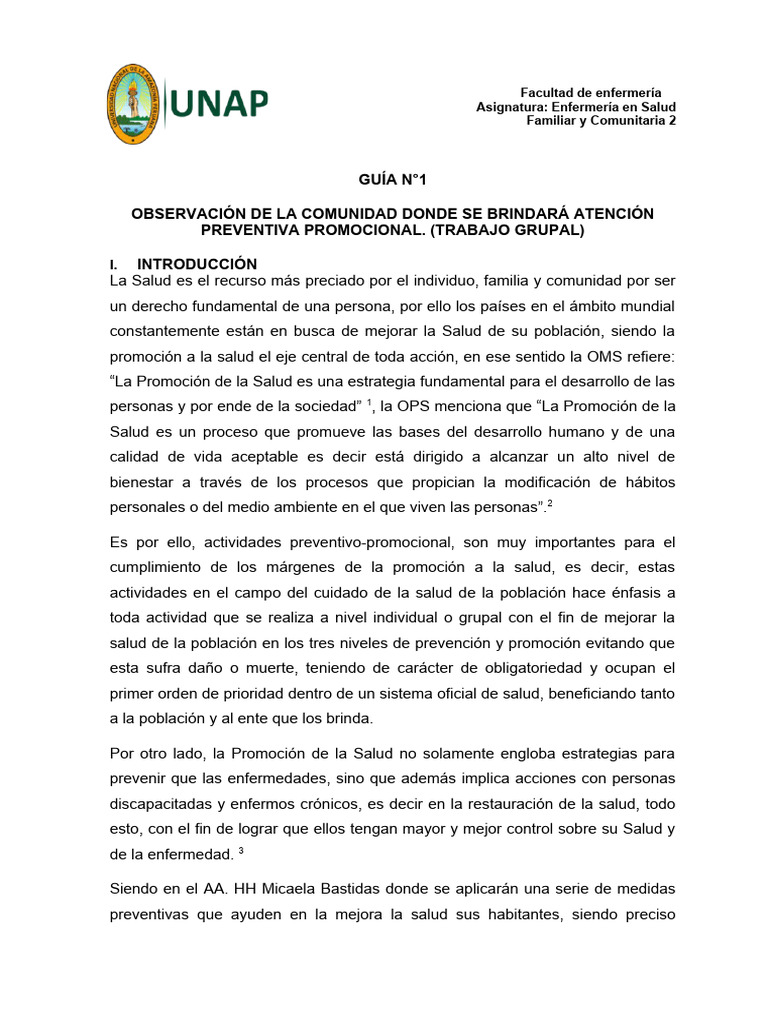 GUÁ N°1 OBSERVACIÓN DE LA COMUNIDAD (1) | PDF | Enfermería | Organización Panamericana de la Salud