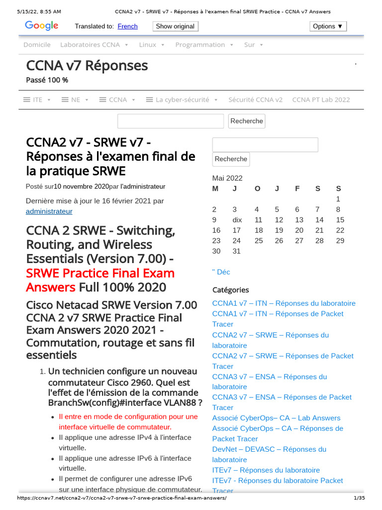 CCNA2 v7 - SRWE v7 - Réponses À L'examen Final SRWE Practice - CCNA v7 Answers | PDF ...