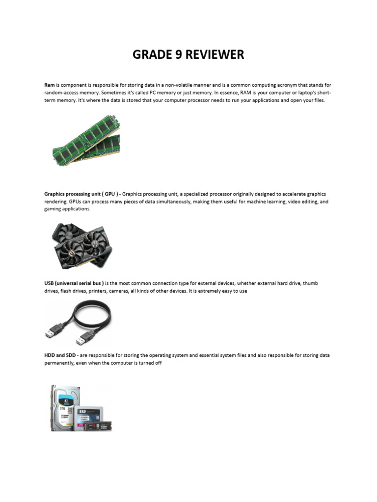 Grade 9 Reviewer | PDF | Computer Data Storage | Solid State Drive