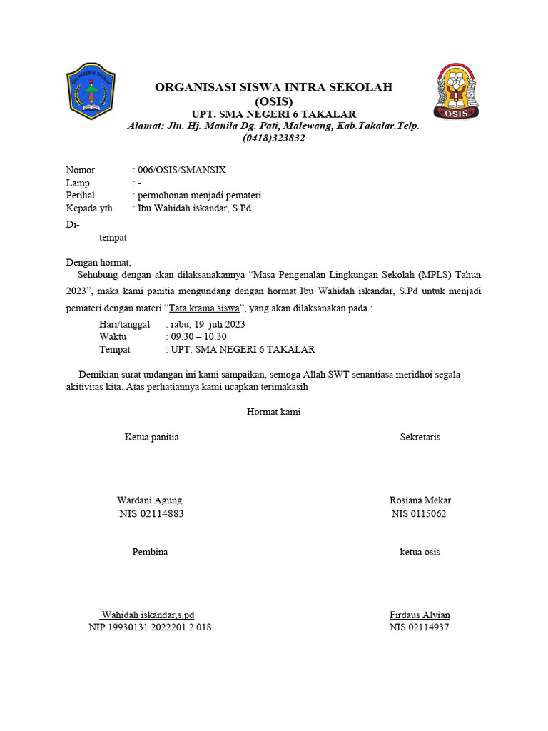 Undangan Pemateri MPLS 2023 SMANSIX | PDF