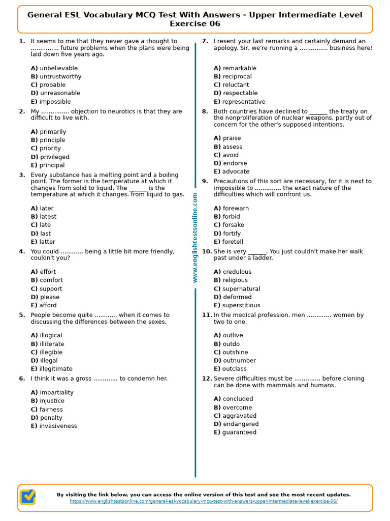 ESL Vocabulary Test: Upper Intermediate | PDF