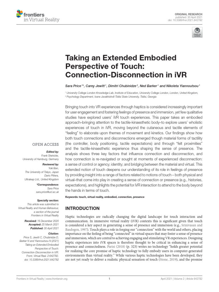 Taking An Extended Embodied Perspective Pdf Virtual Reality Somatosensory System