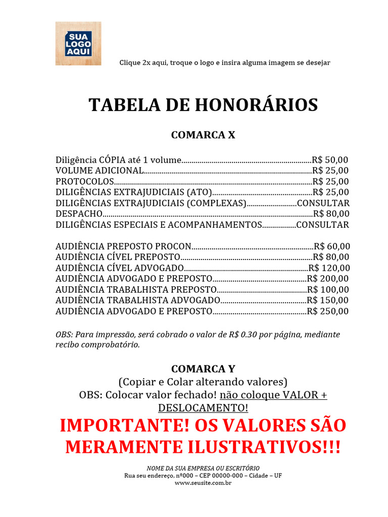 TABELA DE HONORÁRIOS EXEMPLIFICATIVA (1) | PDF