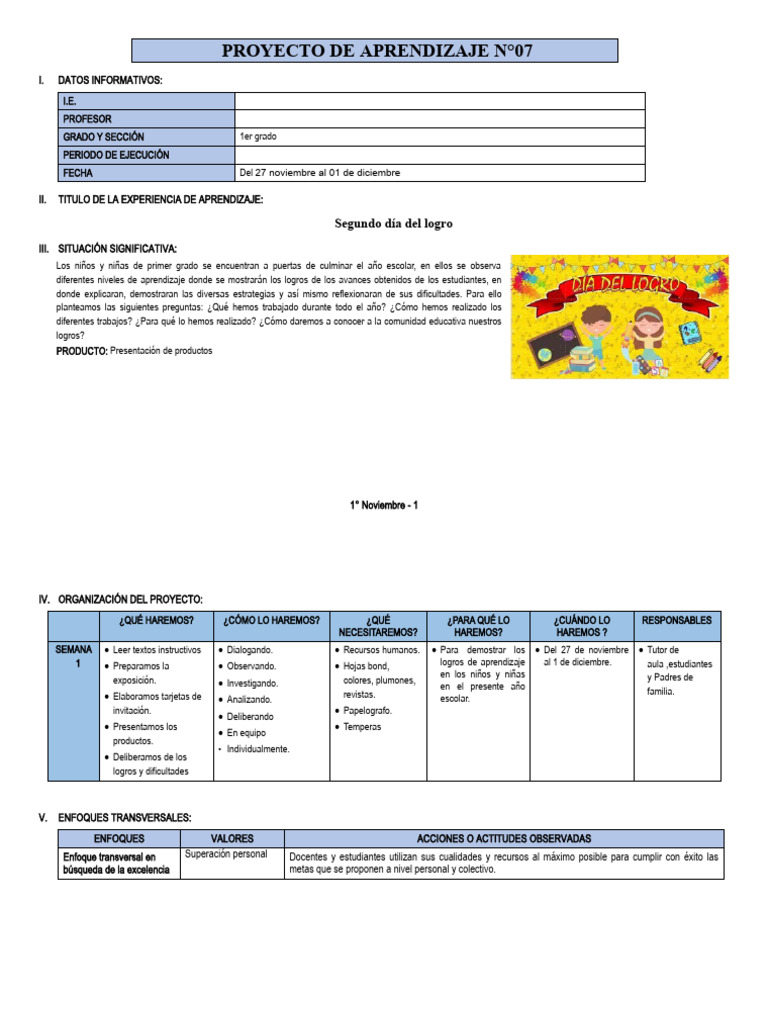 1° Grado - Proyecto de Aprendizaje N°07 | PDF | Aprendizaje | Sustracción
