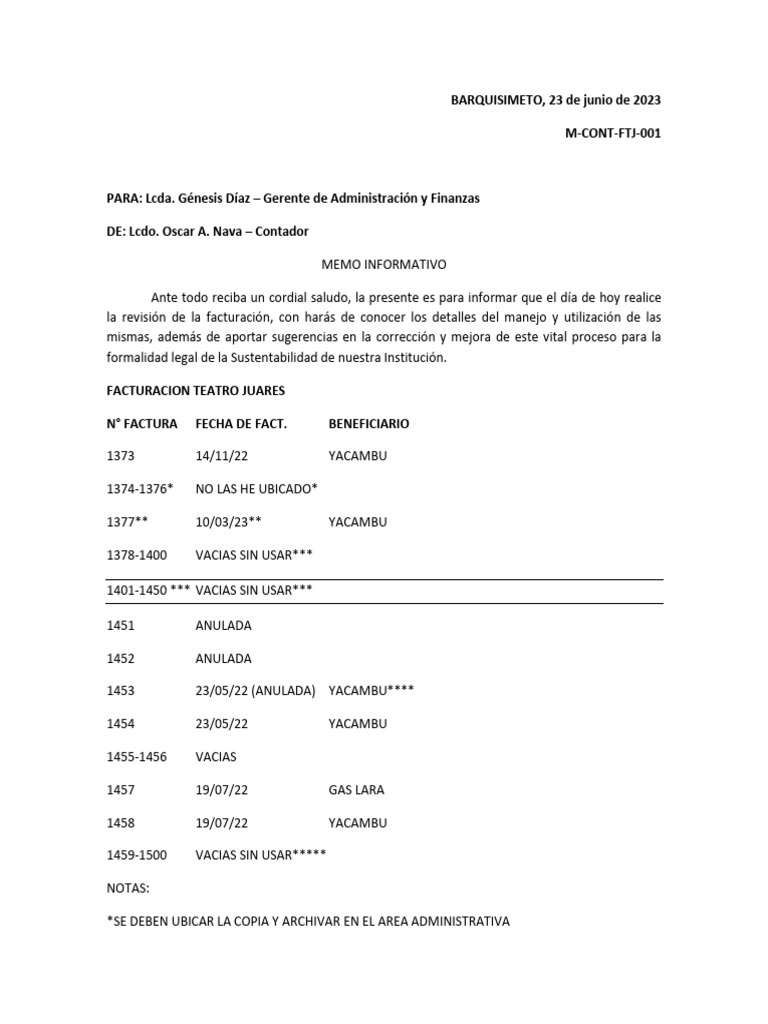 Memos 2023 - Area Contable | PDF