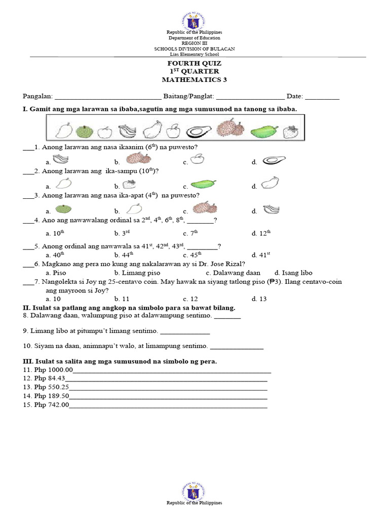 1st Quarter Math Quiz 4 | PDF