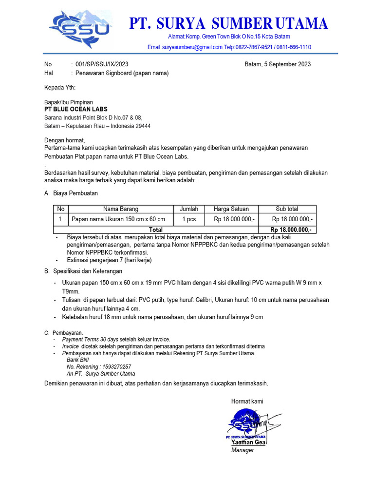 PENAWARAN Ke PT Blue Ocean Labs-1 | PDF
