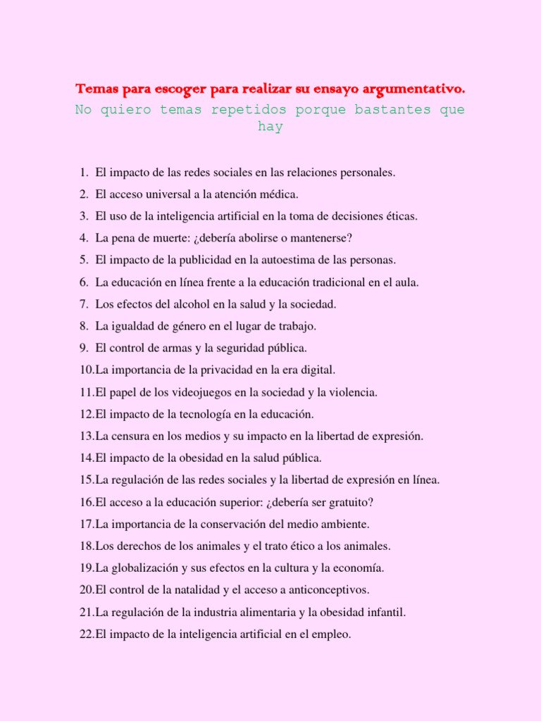 Temas para Realizar El Ensayo Argumentativo | PDF | Ensayos