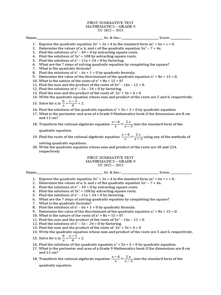 Grade 9 First Summative Test | PDF | Quadratic Equation | Equations