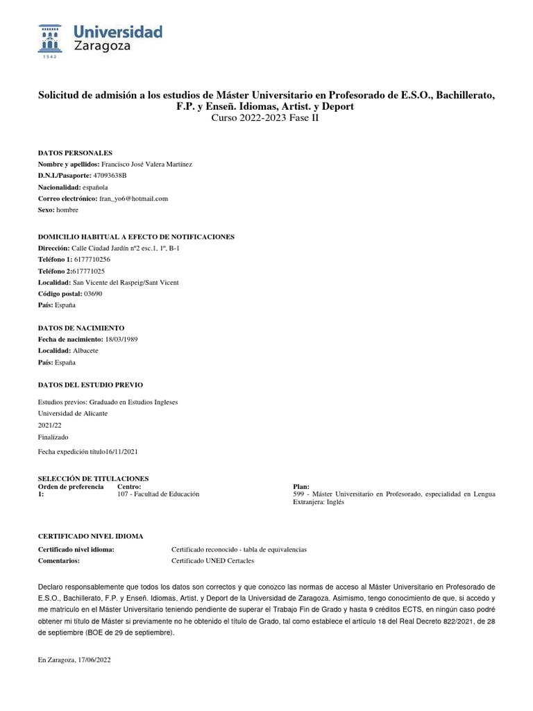 Solicitud Máster Profesorado 2022-23 | PDF