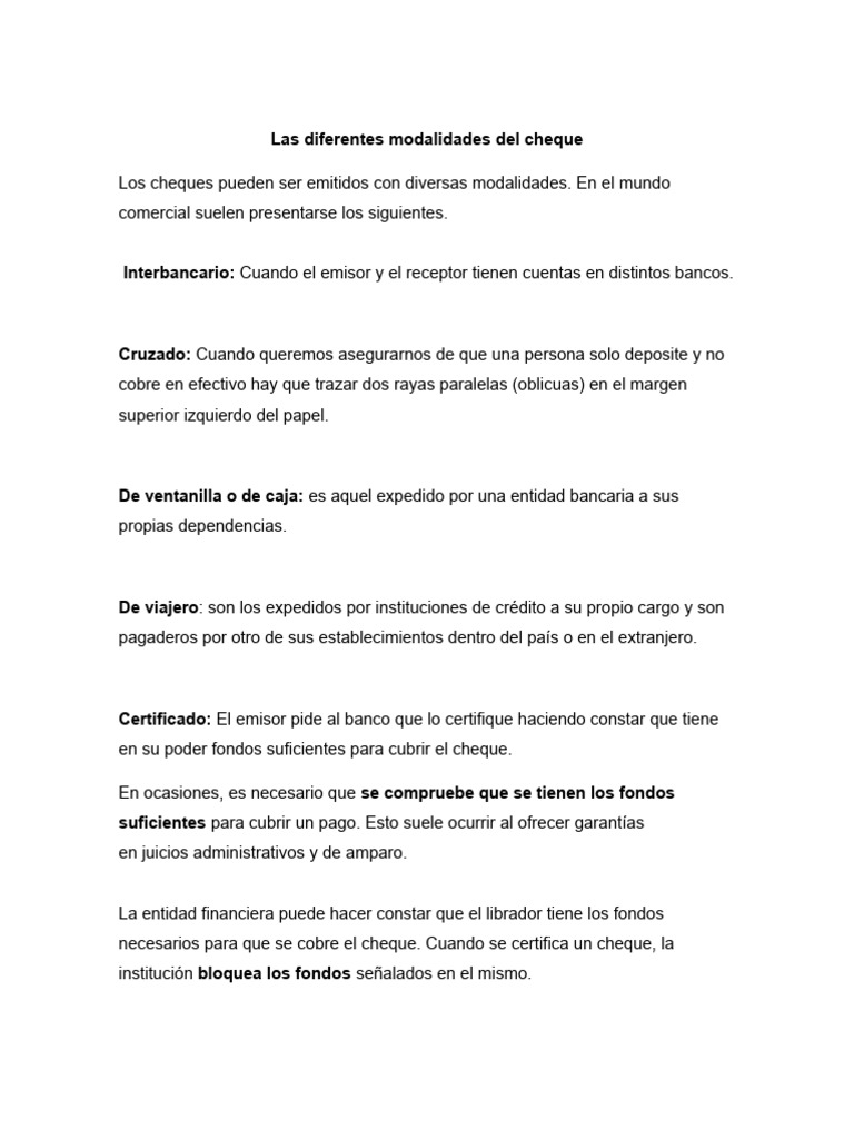 Las Diferentes Modalidades Del Cheque | PDF | Cheque | Bancos