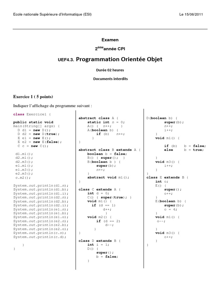 Esi 2an16 Emd Poo2011 | PDF | Classe (informatique) | Constructeur (programmation)
