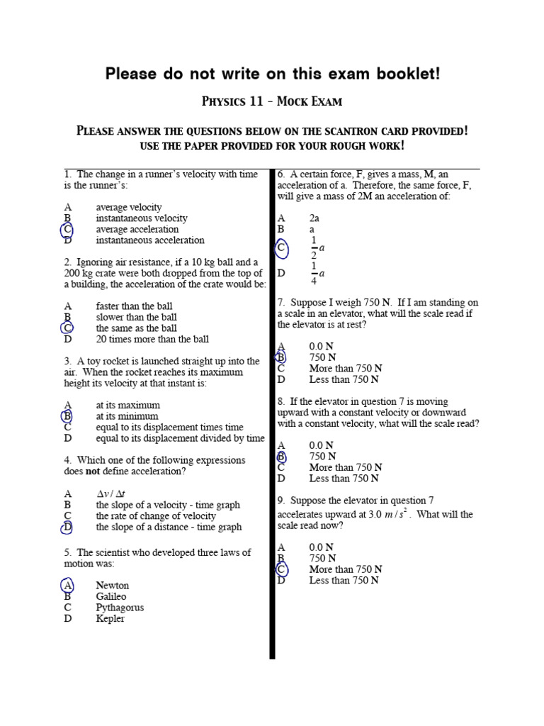 Physics 11 Mock Exam Answers PDF | PDF | Force | Velocity