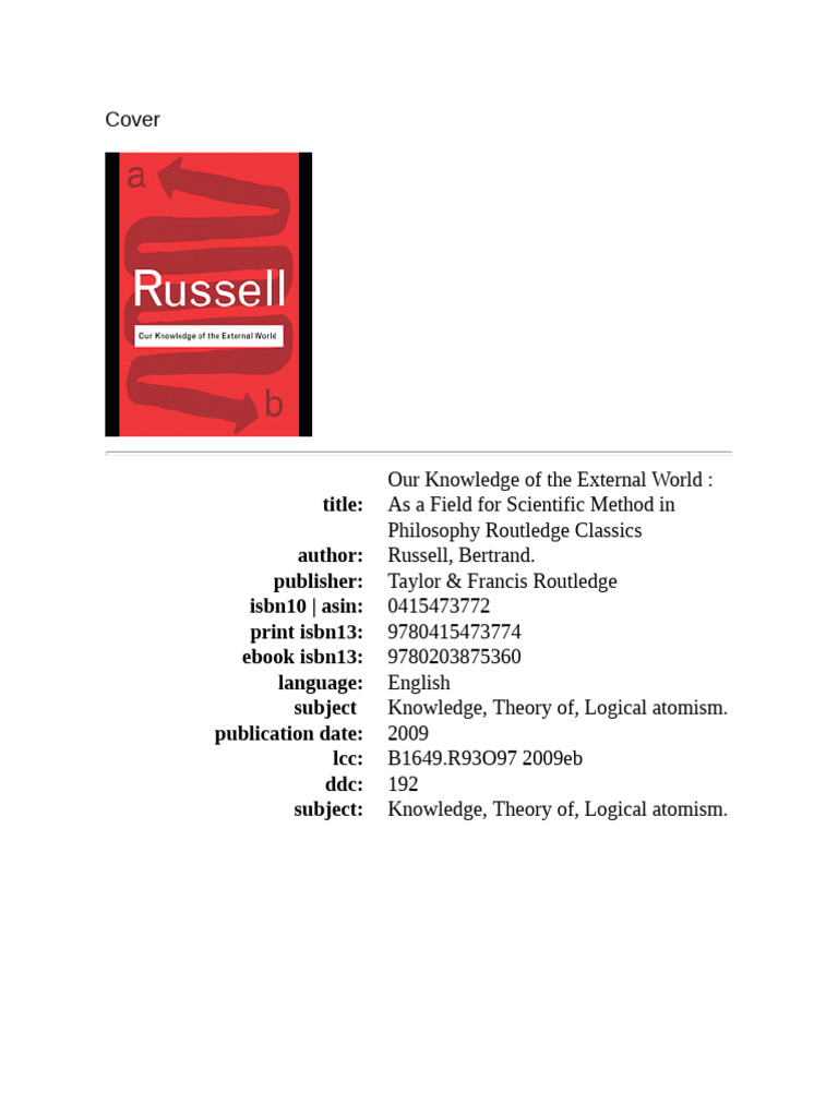 Bertrand Russell Our Knowledge of The External World Taylor Francis ...