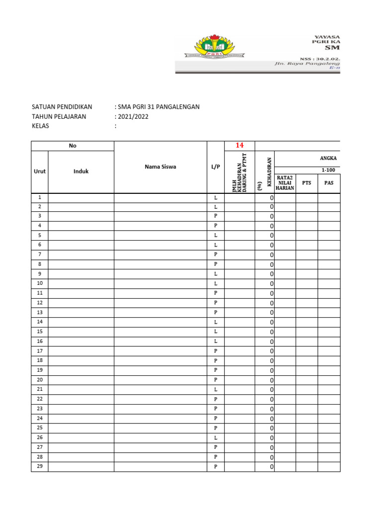 Format Nilai Pas Kelas 10 - KKM 70 | PDF