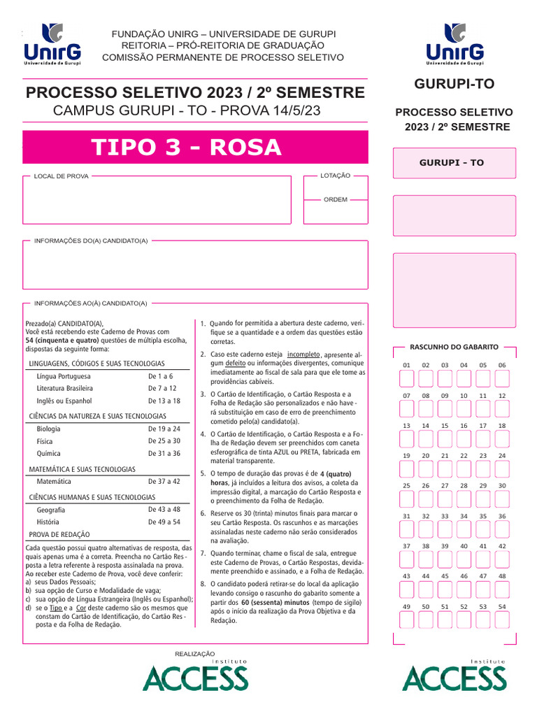 Prova Tipo 3 Vestibular 2023-2 para Impressão-1 | PDF | Célula (Biologia) | Organelo