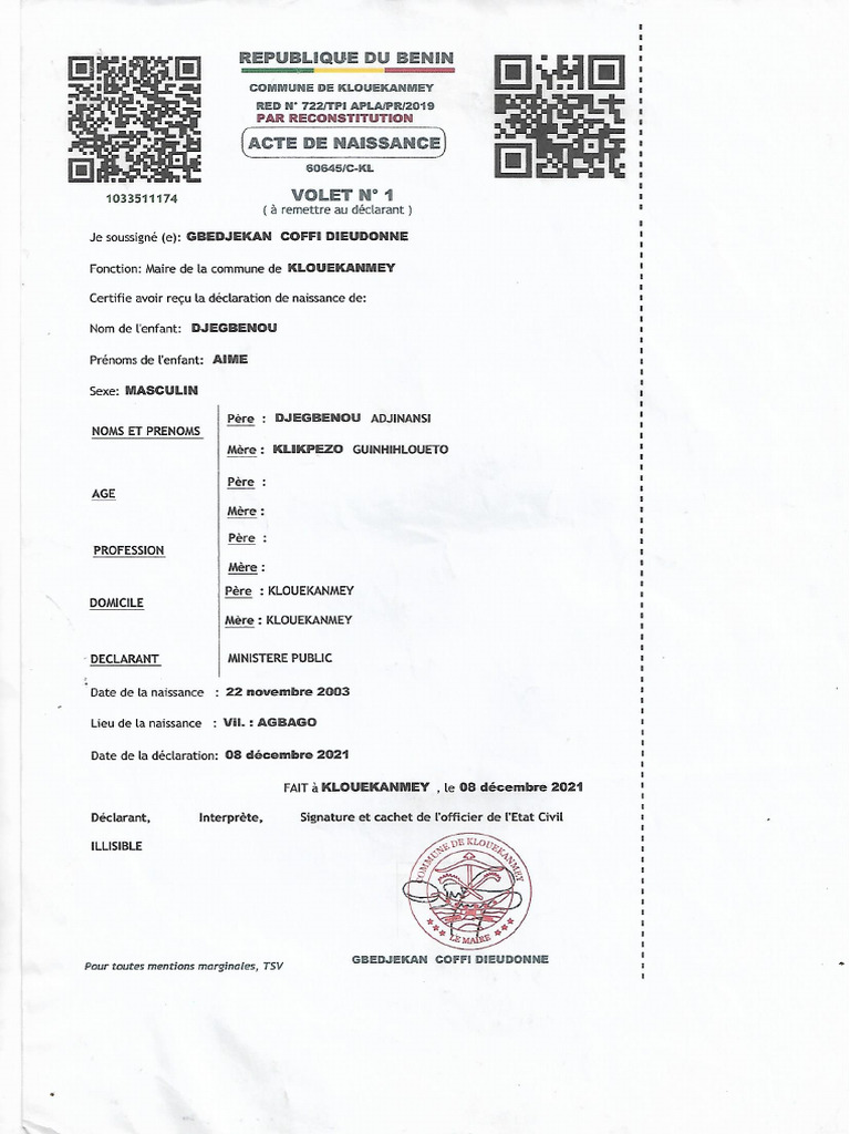 Aimé Acte de Naissance Sécurisé | PDF