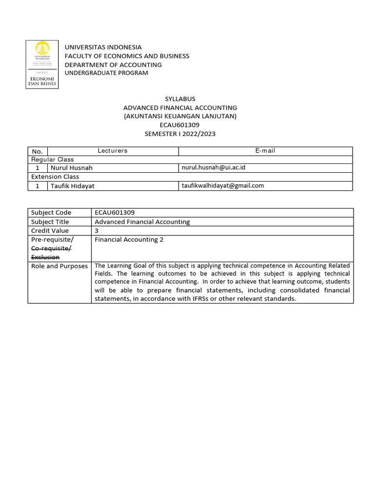 Silabus AKL - Gasal 2223 | PDF | Consolidation (Business) | Book Value