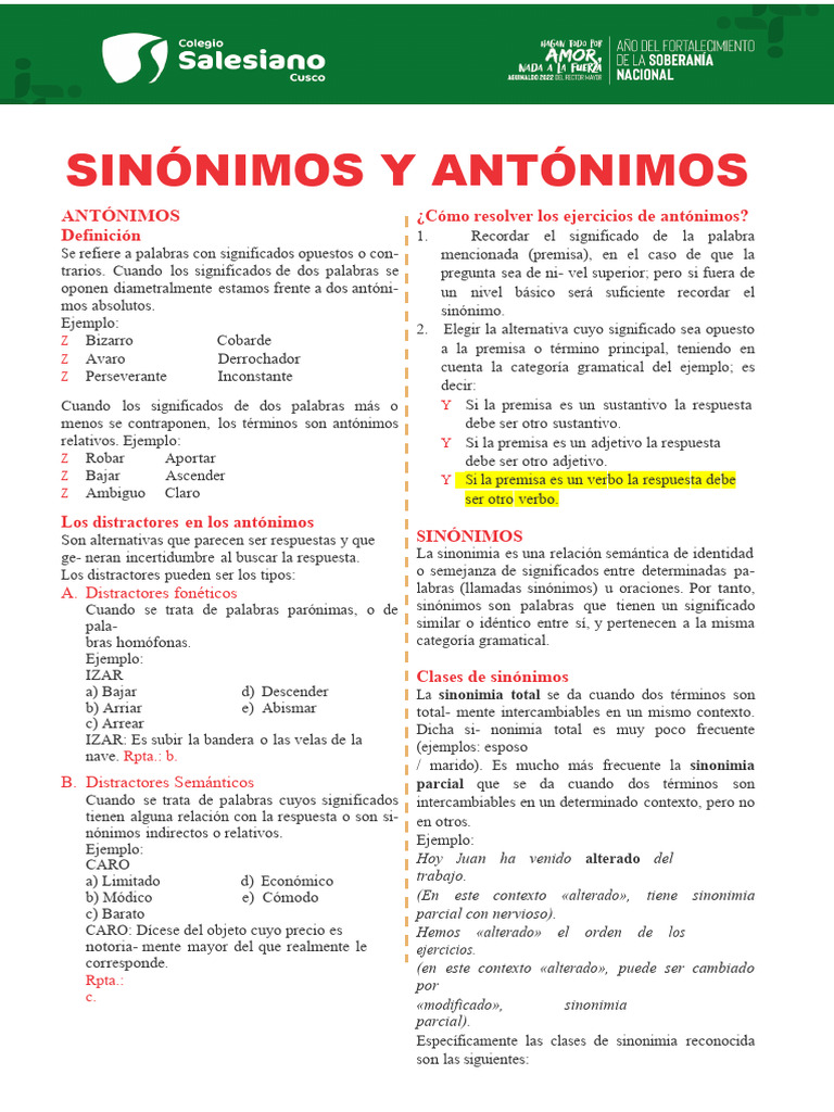 Ejercicios de Sinónimos y Antónimos para Segundo Grado de Secundaria | PDF | Verbo | Sustantivo