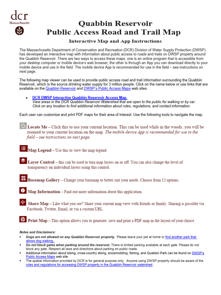 Quabbin Reservoir Public Access Road and Trail Map | Download Free PDF ...