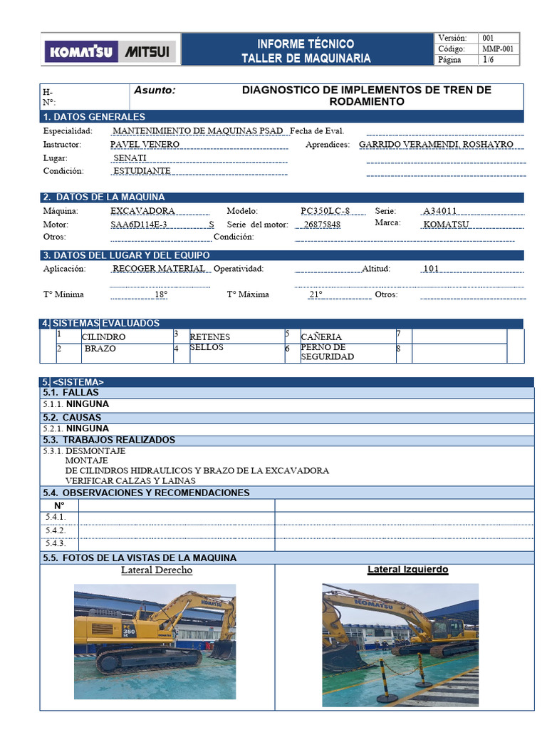 Informe Tecnico Avance Excavadora 10 | PDF | Vehículos | Bienes manufacturados