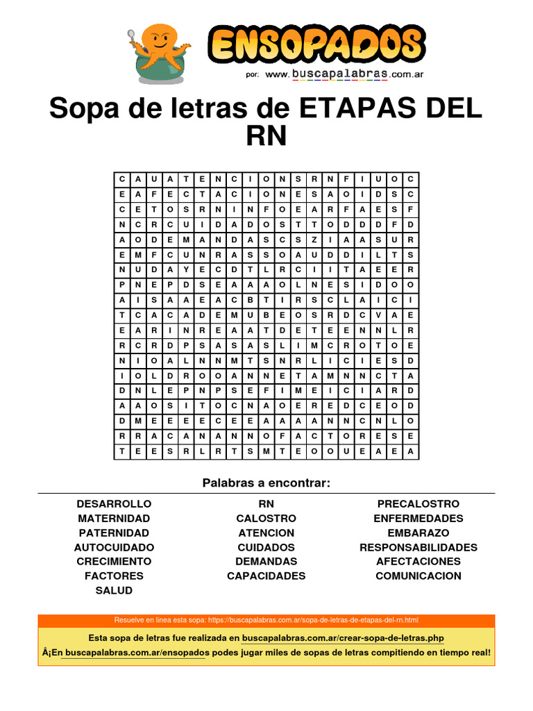 Sopa de letras: Etapas del RN | PDF | Desarrollo humano | Ciencias de ...