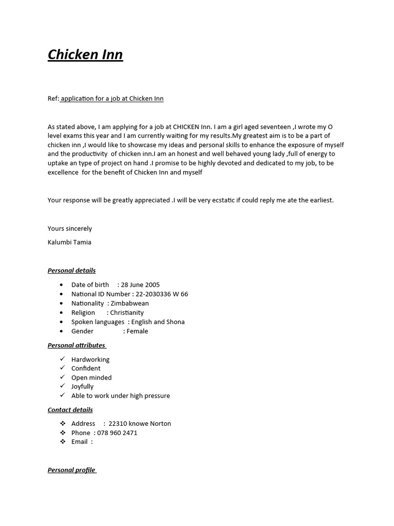 Chicken Inn Job Application by Kalumbi Tamia | PDF