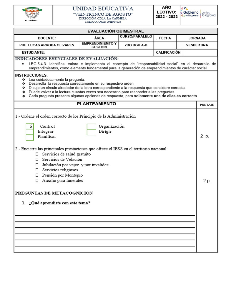 EVALUACION EMPRENDIMIENTO Y GESTION 2DO BGU | PDF
