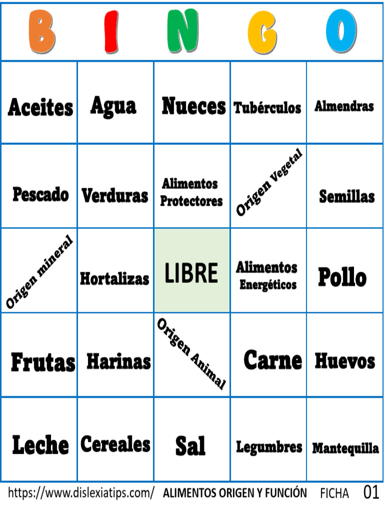 Bingo Textos Alimentos Origen Funcion | PDF | Vegetales | Alimentos