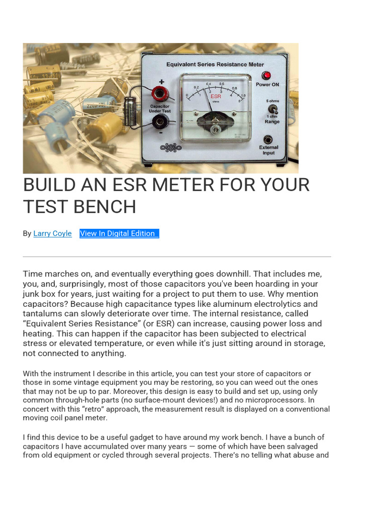 Build An Esr Meter For Your Test Bench | PDF | Capacitor | Electronic ...