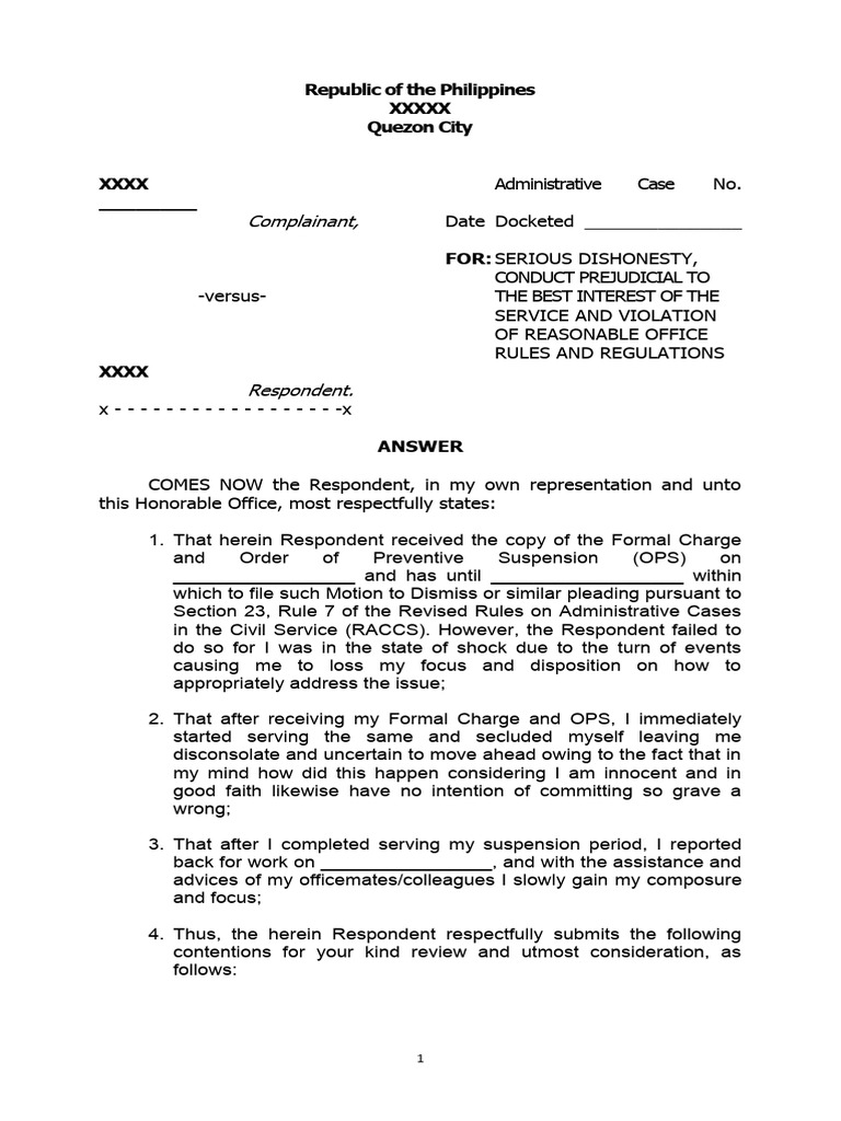 Sample ANSWER For Admin Case | PDF | Dishonesty | Justice