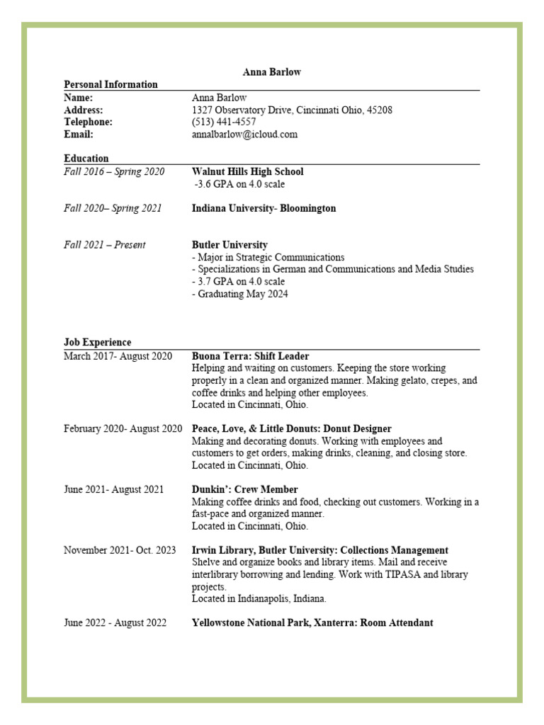 Resume - Anna Barlow | PDF