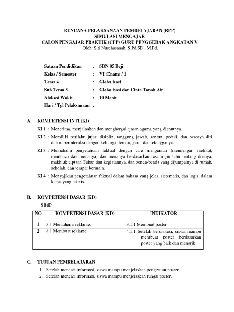 RPP Pembelajaran Poster Kelas VI | PDF