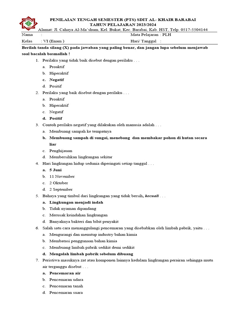 Soal PLH Pts Semester 1 Kls 6 | PDF