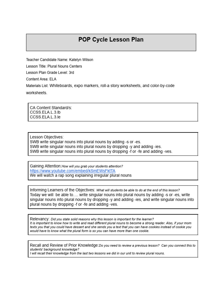 Pop Cycle Lesson Plan | Download Free PDF | Plural | Grammatical Number