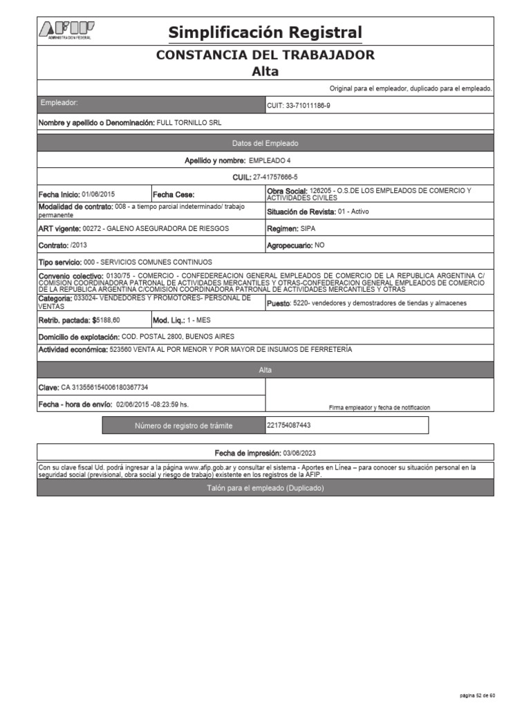 Constancia de Alta Trabajador. Empleado 4 | Descargar gratis PDF ...