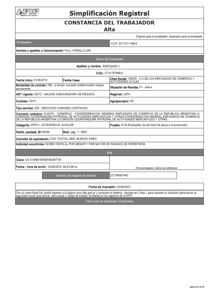 Constancia de Alta Trabajador. Empleado 1 | PDF | Economias