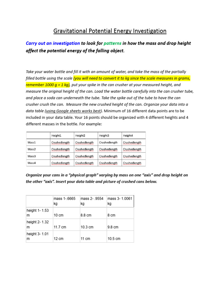 Hitchcock - Gravitational Potential Energy Investigation | PDF ...