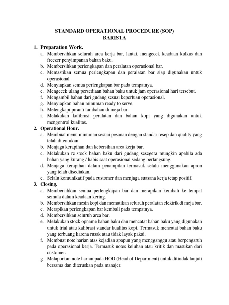 SOP Barista: Prosedur Kerja Lengkap | PDF
