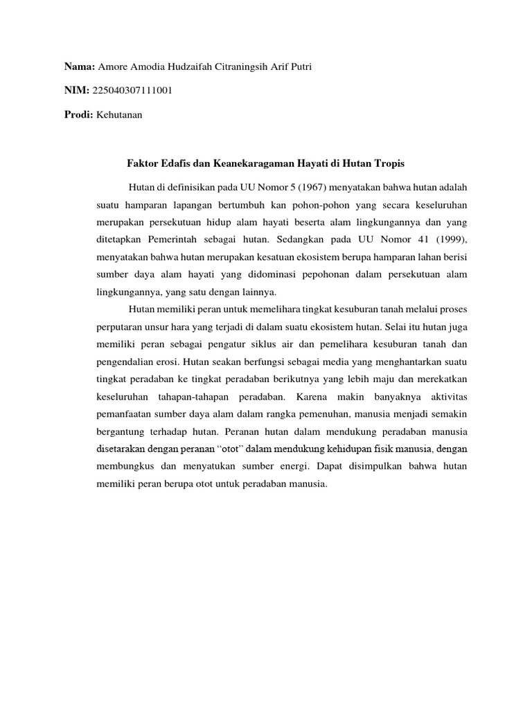 Faktor Edafis Dan Keanekaragaman Hayati Di Hutan Tropis - UTS - AMORE AMODIA HUDZAIFAH ...