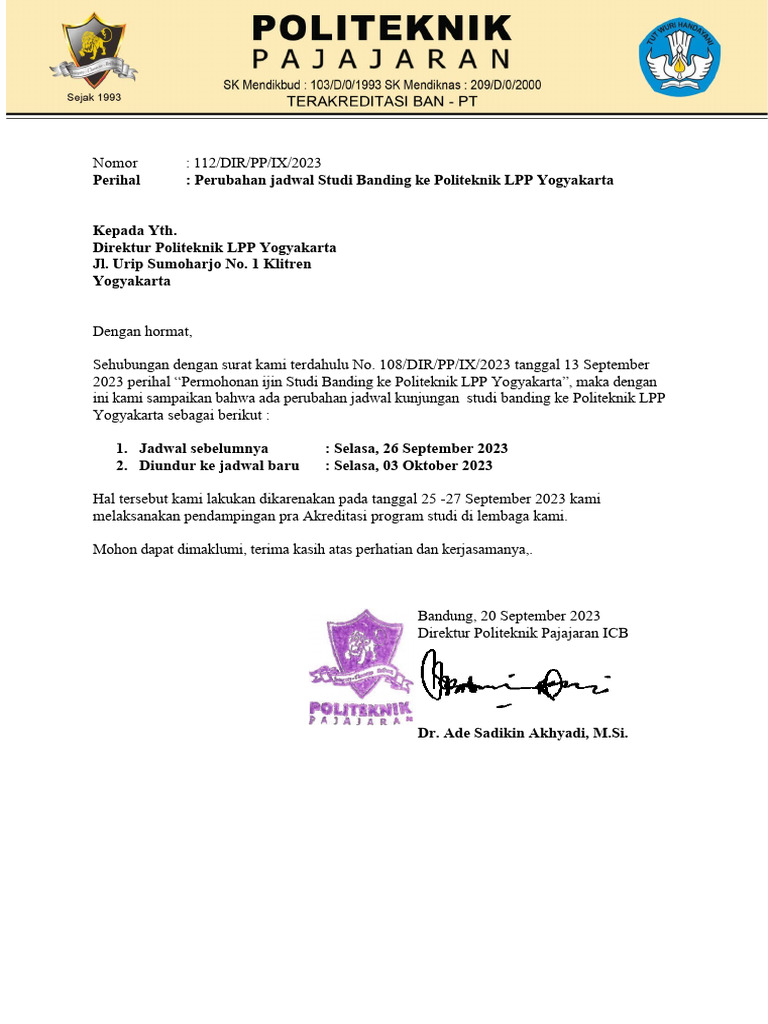 Surat Studi Banding Ke Politeknik LPP Yogyakarta | PDF