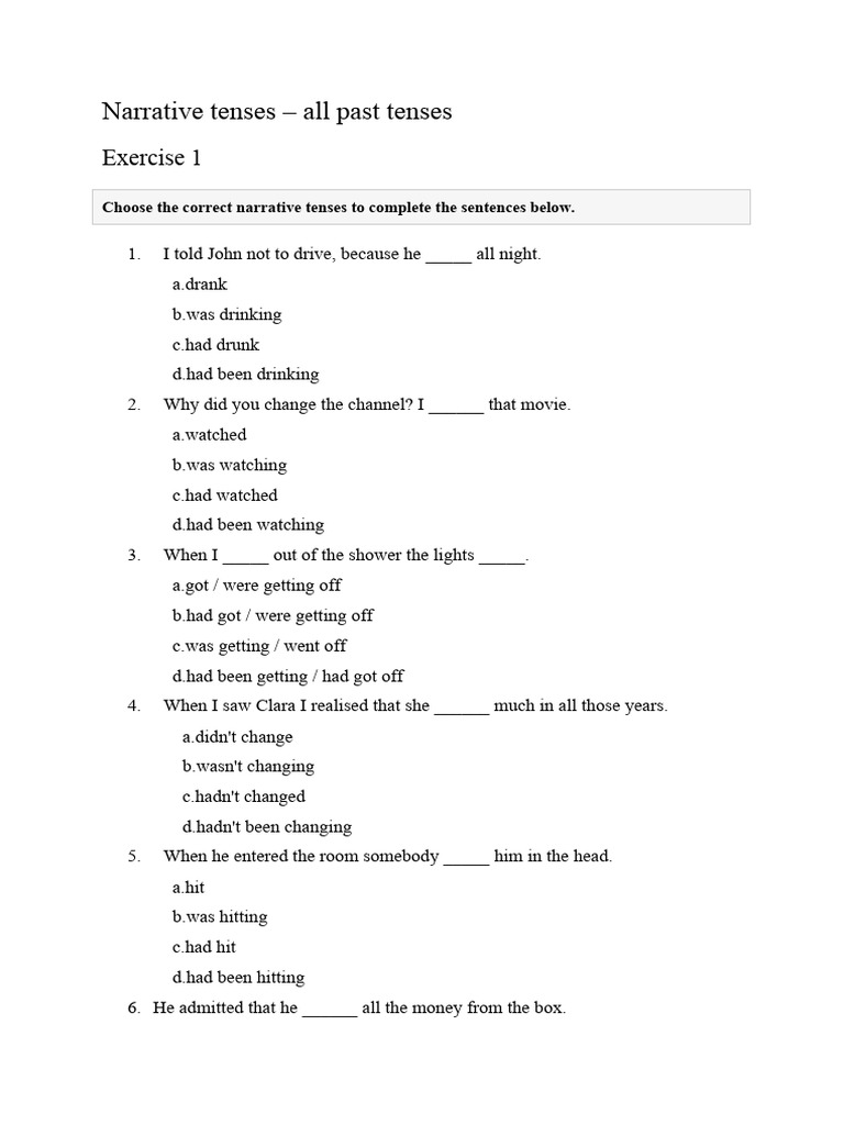 Narrative Tenses Exercises for Class 7 | PDF | Home & Garden