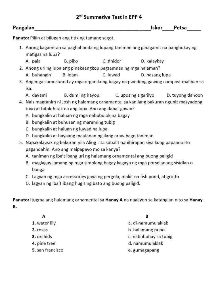 2nd Summative Test in EPP 4 | PDF