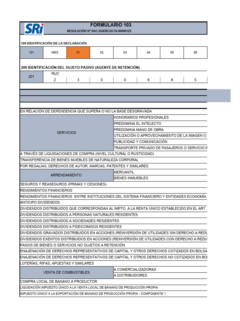 Formulario 103: 200 Identificación Del Sujeto Pasivo (Agente de ...